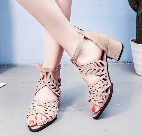 Beige Floral Small Square Heels Sandals