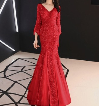 Red Fishtail Dress With Sleeves (Stunning)