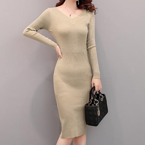 Classy Beige Midi Dress With Sleeves (For Elegant Women)