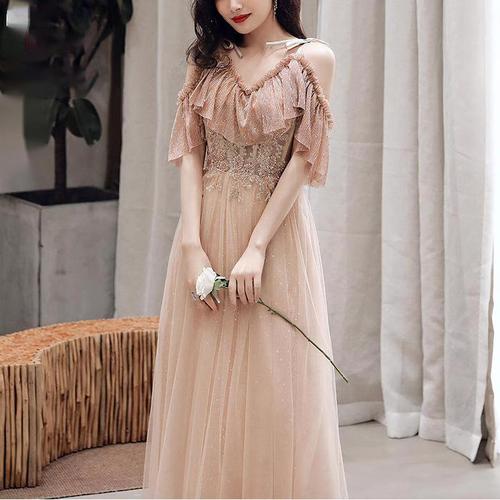 Beige Medium Ruffled Formal Gown (Stunning)