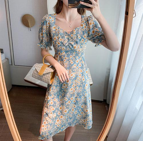 Blue Floral Midi Summer Dress (Elegant)