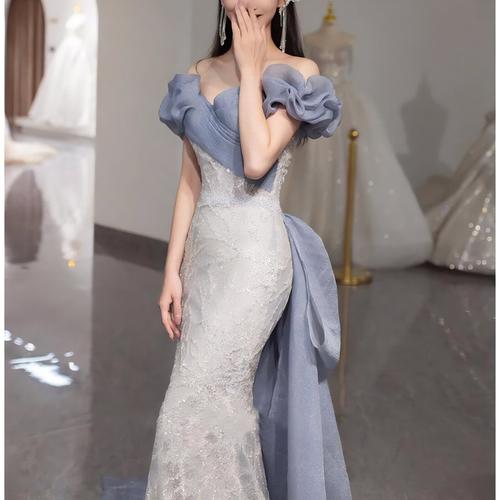 Aurora's Shimmering Blue Flowery Ethereal Dress Gown