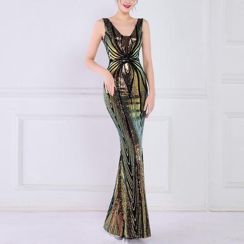 Black Sleeveless Sequined Aura Slim Fishtail Evening Dress