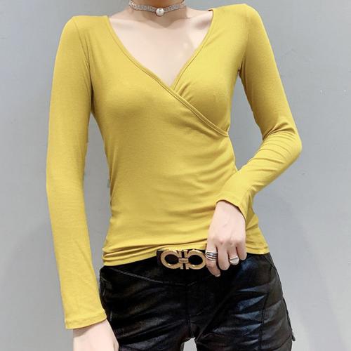 Yellow Wrap Front Fitted Top With Long Sleeves (Elegant)