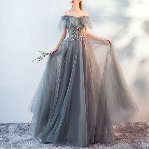 Blue Grey Off Shoulder Evening Dress