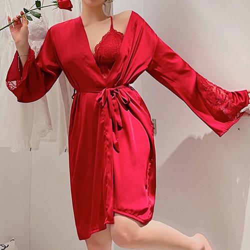Red Silk Satin Lace Two Piece Nightwear Lingerie