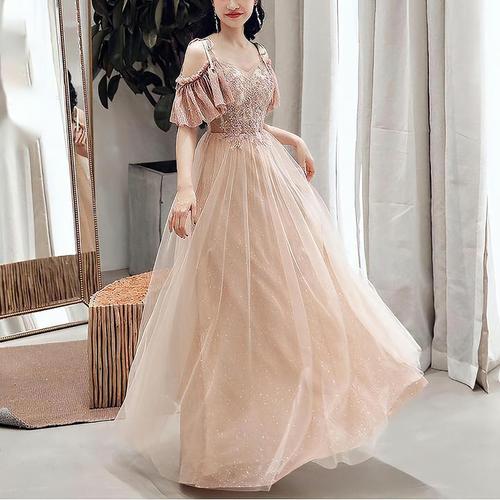 Beige Cold Shoulder Formal Gown (Stunning)