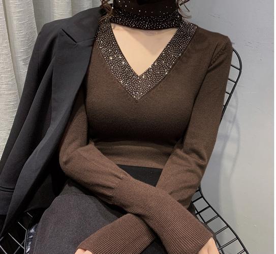 Brown Tight Fitted Top With Rhinestones (Elegant)