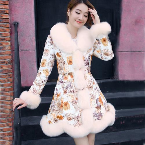 Long Yellow Floral Winter Jacket With White Fur