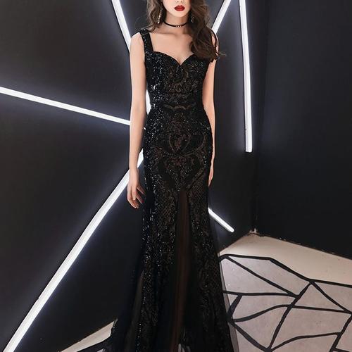 Black Sequins Suspender Fishtail Long Evening Dress