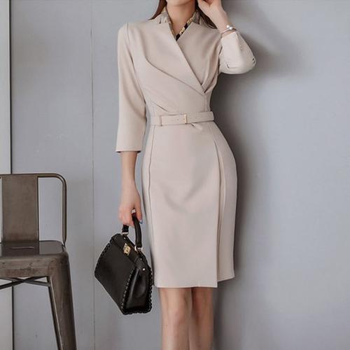 Light Brown V-neck Slim Waist Midi Dress