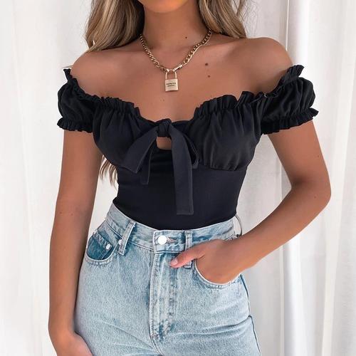 Black Short Sleeve Blouse With Ruffles (Cute)