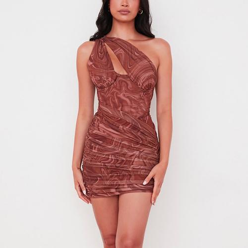 Brown Assymetrical Bodycon Mini Dress (Elegant)