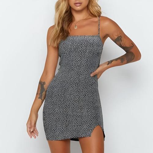Black Tight Spaghetti Strap Floral Print Mini Dress
