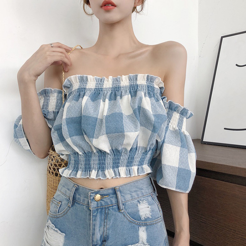 Blue Strapless Plaid Off Shoulder Crop Top