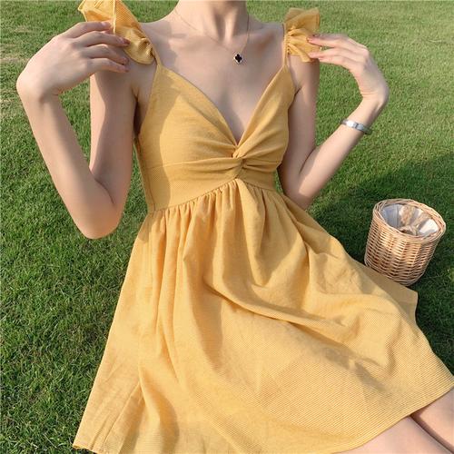 Yellow Ruffled Backless Tie Front Beach Mini Dress