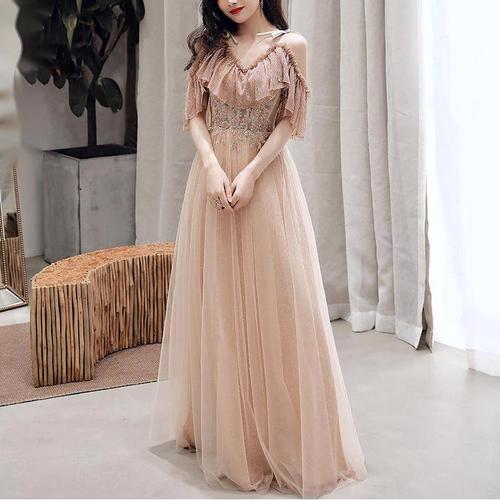 Beige Sequined Ruffled Formal Gown (Stunning)