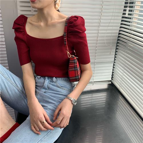Red Puff Sleeve French Square Neck Top