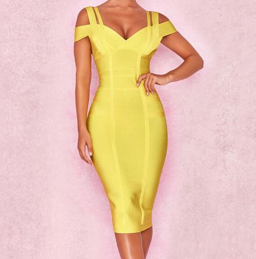 Yellow Double Strap Bandage Midi Bodycon Dress
