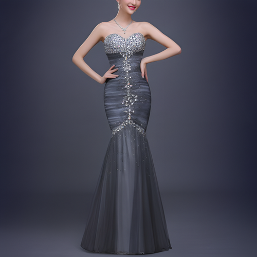 Gray Fishtail Full Length Evening Maxi Dress