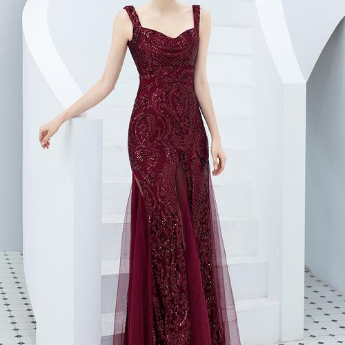 Dark Red Sequin Classy Maxi Evening Dress (Stunning)