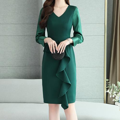 Green Emerald Ruffled Tight Midi Dress With Long Sleeves (Elegant)