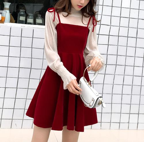 White Long Sleeve Top And Red Suspender Strap Mini Dress (Cute & Sexy)