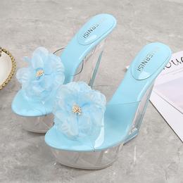 Sky Blue Wedge Sandals With Decorative Flower (Sexy)