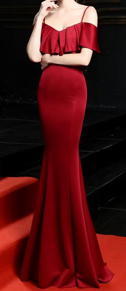 Dark Red Off Shoulder Maxi Fishtail Dress (Stunning)