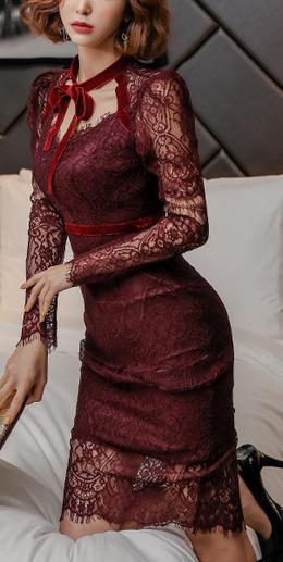 Red Wine Lace Tight Midi Dress (Elegant)