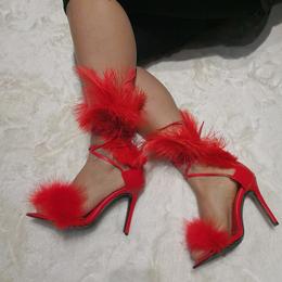 Red Feather Stiletto High Heeled Sandals (Sexy)