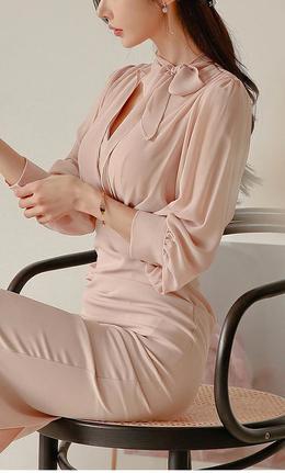 Pink Work Office Fitted Midi Dress (Elegant)