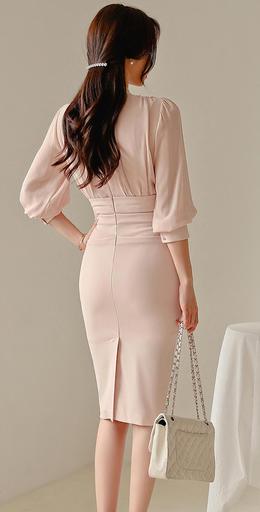 Pink Work Office Fitted Midi Dress (Elegant)