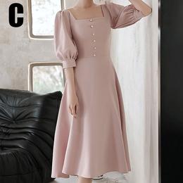 Light Pink Puffed Sleeves Midi Dress (Simple)