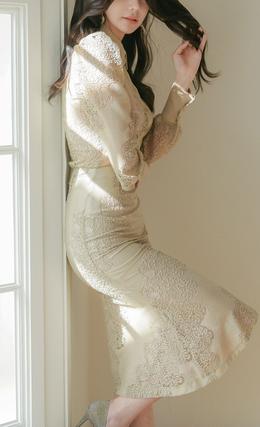 Beige Lace Fitted Midi Dress (Elegant)