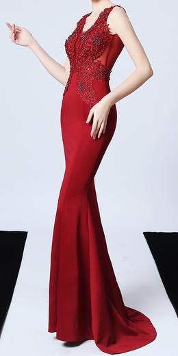 Dark Red Floral Lace Long Evening Tight Dress (Stunning)