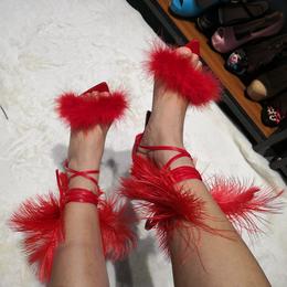 Red Feather Stiletto High Heeled Sandals (Sexy)