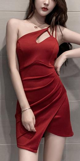 Red One Shoulder Tight Mini Dress With Sleeves (Stunning)