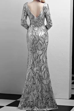 Silver Sequins Floral Gown With Sleeves And Slit