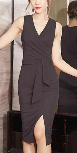 Black Wrap Front Tight Midi Dress (Sexy)