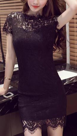Black Tight Midi Dress With Lace (Elegant)