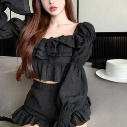 Black Stretchable Puff Sleeve Ruffle Two Piece Short Set