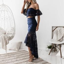 Navy Blue Lace Off Shoulder Two Piece Midi Dress (Elegant)
