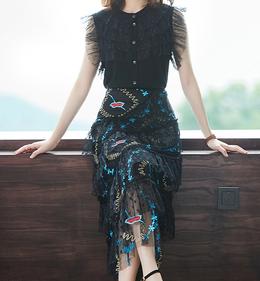 Black Ruffled Lace Top Two Piece Midi Skirt Set (Elegant)