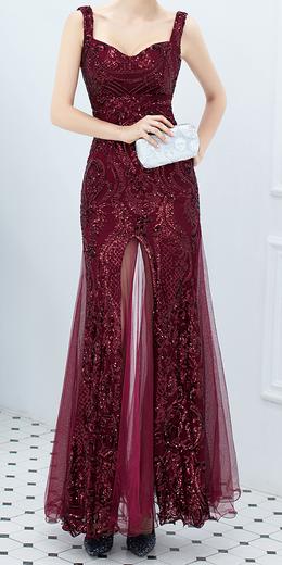 Dark Red Sequin Classy Maxi Evening Dress (Stunning)