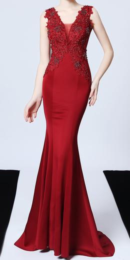 Dark Red Floral Lace Long Evening Tight Dress (Stunning)