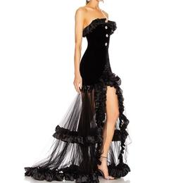 Black Tube Ruffle Lace Long Evening Gown