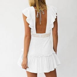White Bohemian Deep V Neck Ruffle Mini Dress