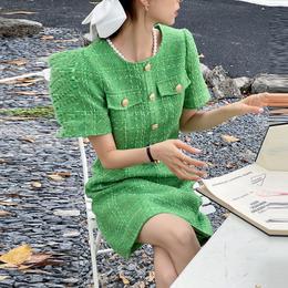 Green Tweed Buttons Midi Dress (Semi-Formal)