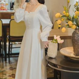White Vintage Silk Puff Long Sleeve Casual Midi Dress